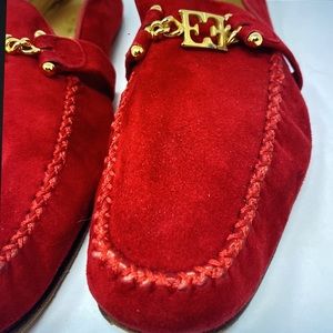 Escada | Shoes | Escada Vintage Gorgeous Red Suede Gold Logo Loafers ...